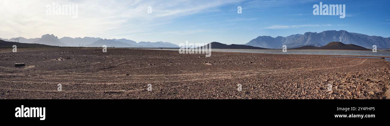 Landscape, empty lake and outdoor with drought, natural disaster and ...