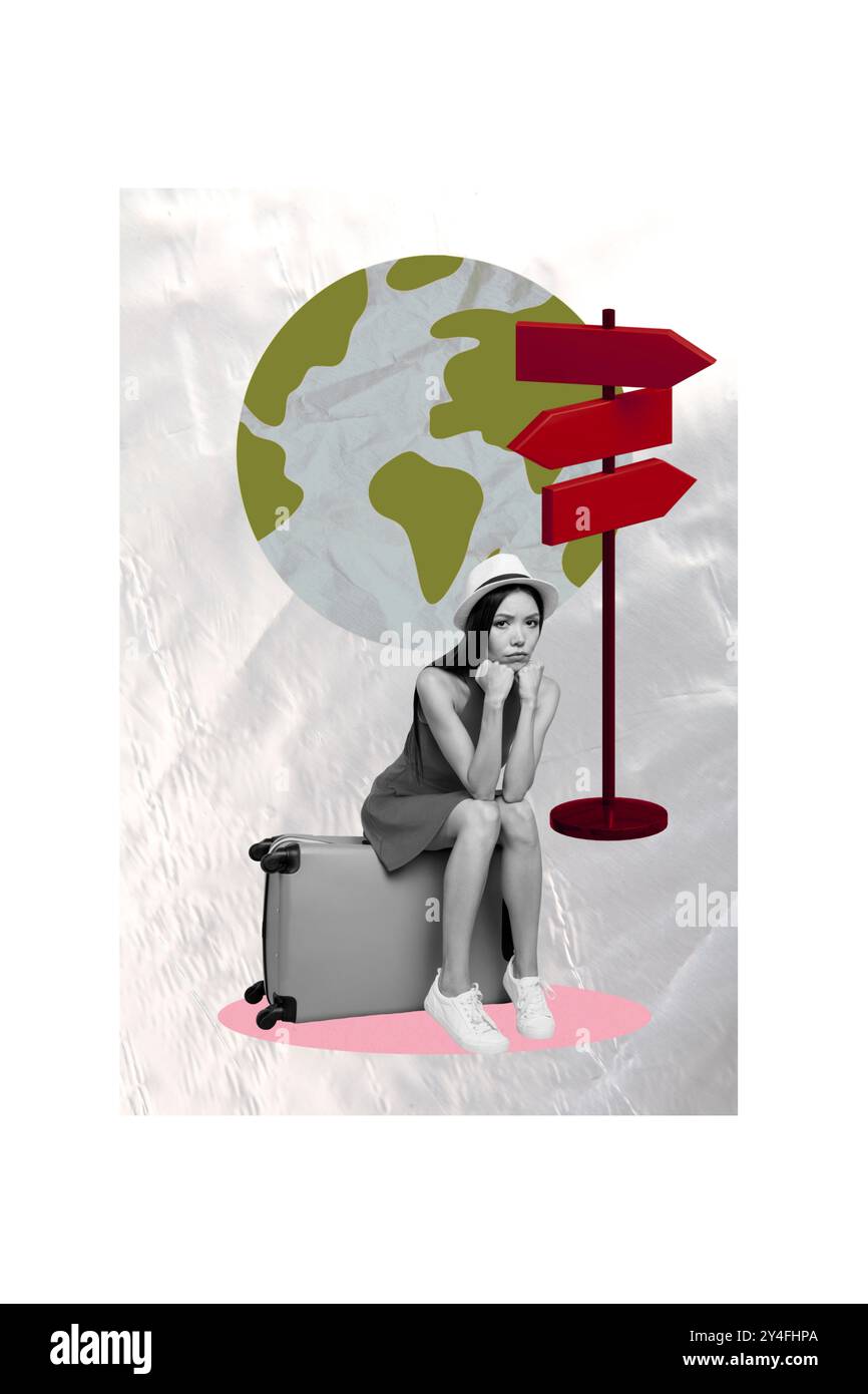 Vertical photo collage of unhappy girl sit suitcase road sign turn ...