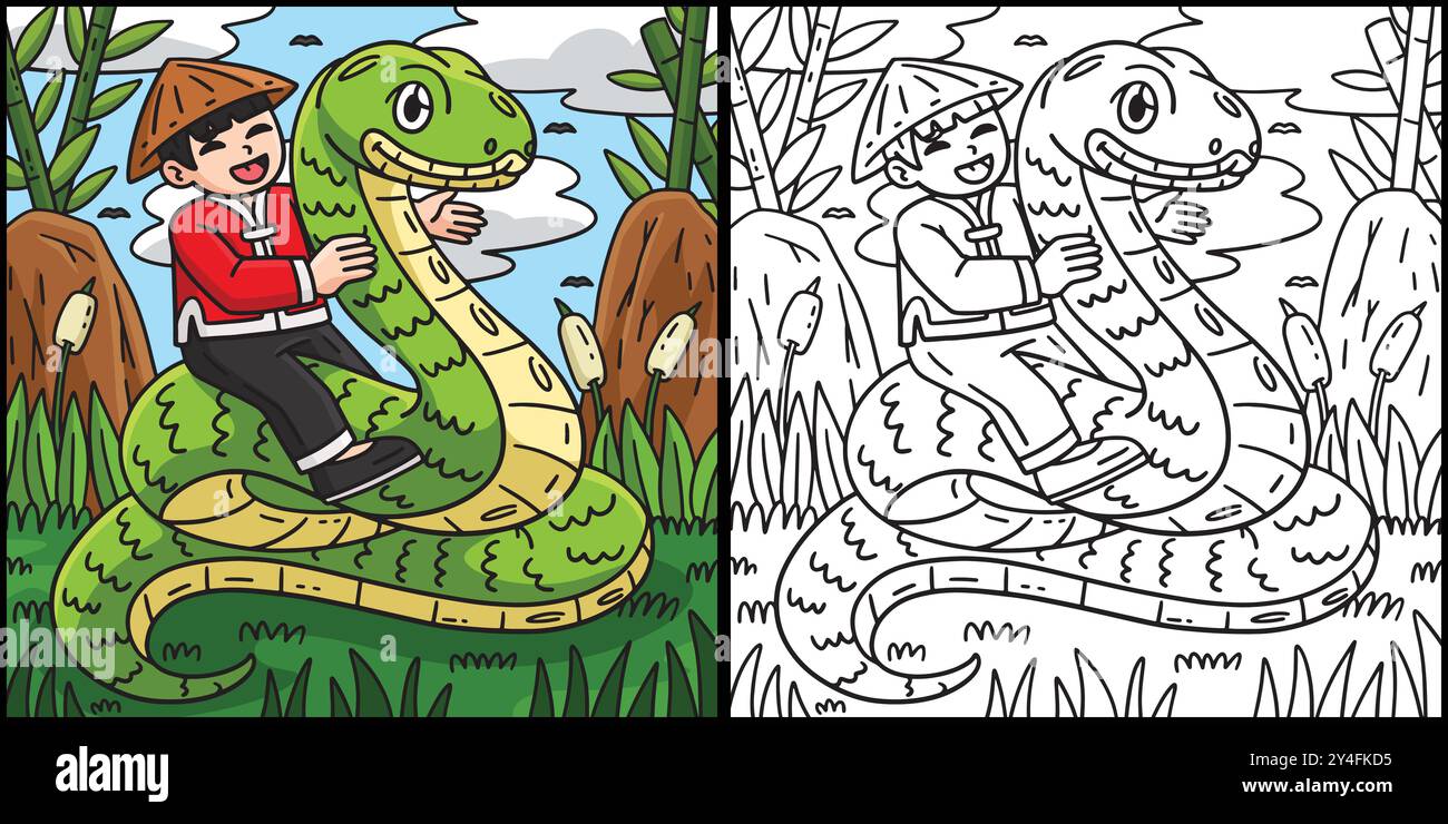 Year of the Snake Child Riding Snake Illustration Stock Vector Image ...