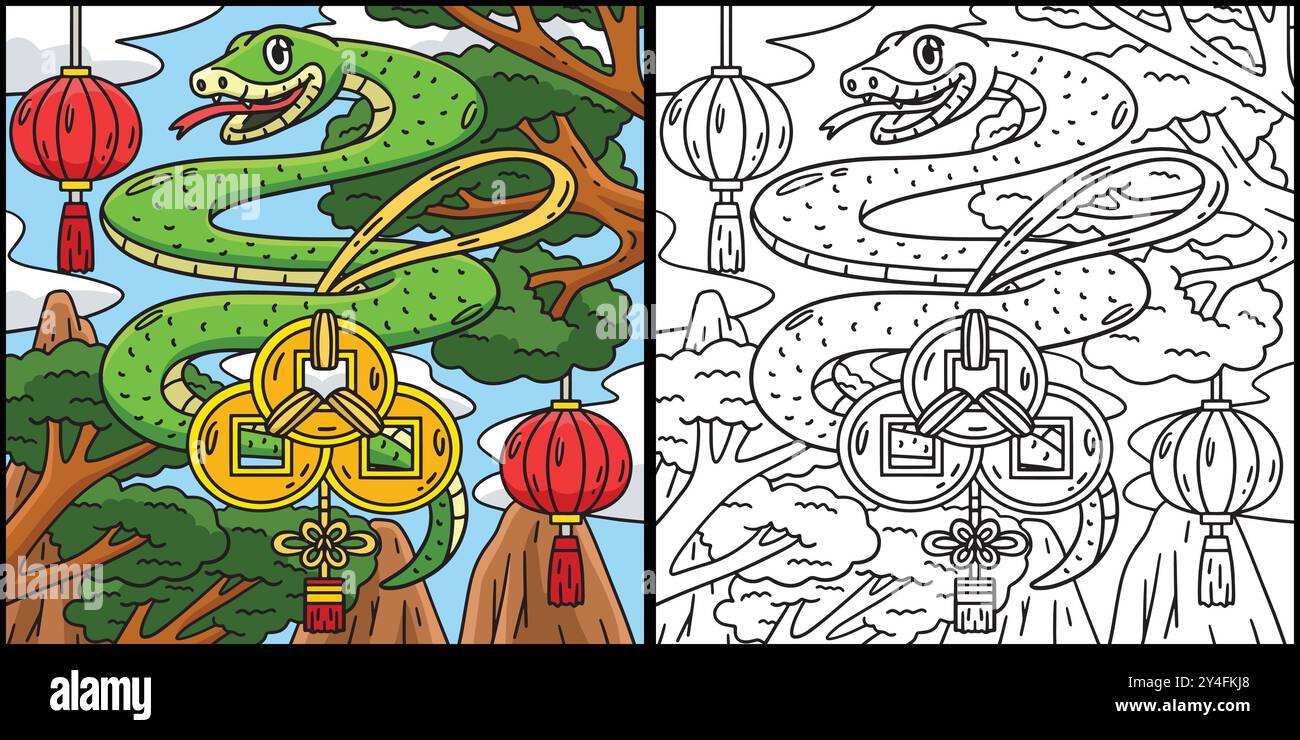 Year of the Snake Feng Shui Coloring Illustration Stock Vector Image ...