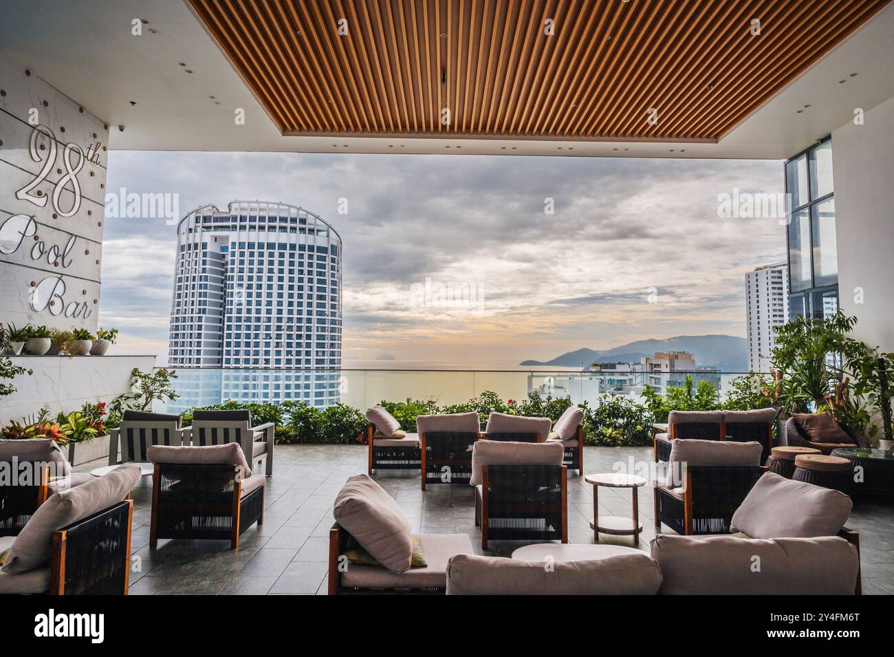 interior of a luxurious bar restaurant on the roof of a skyscraper ...