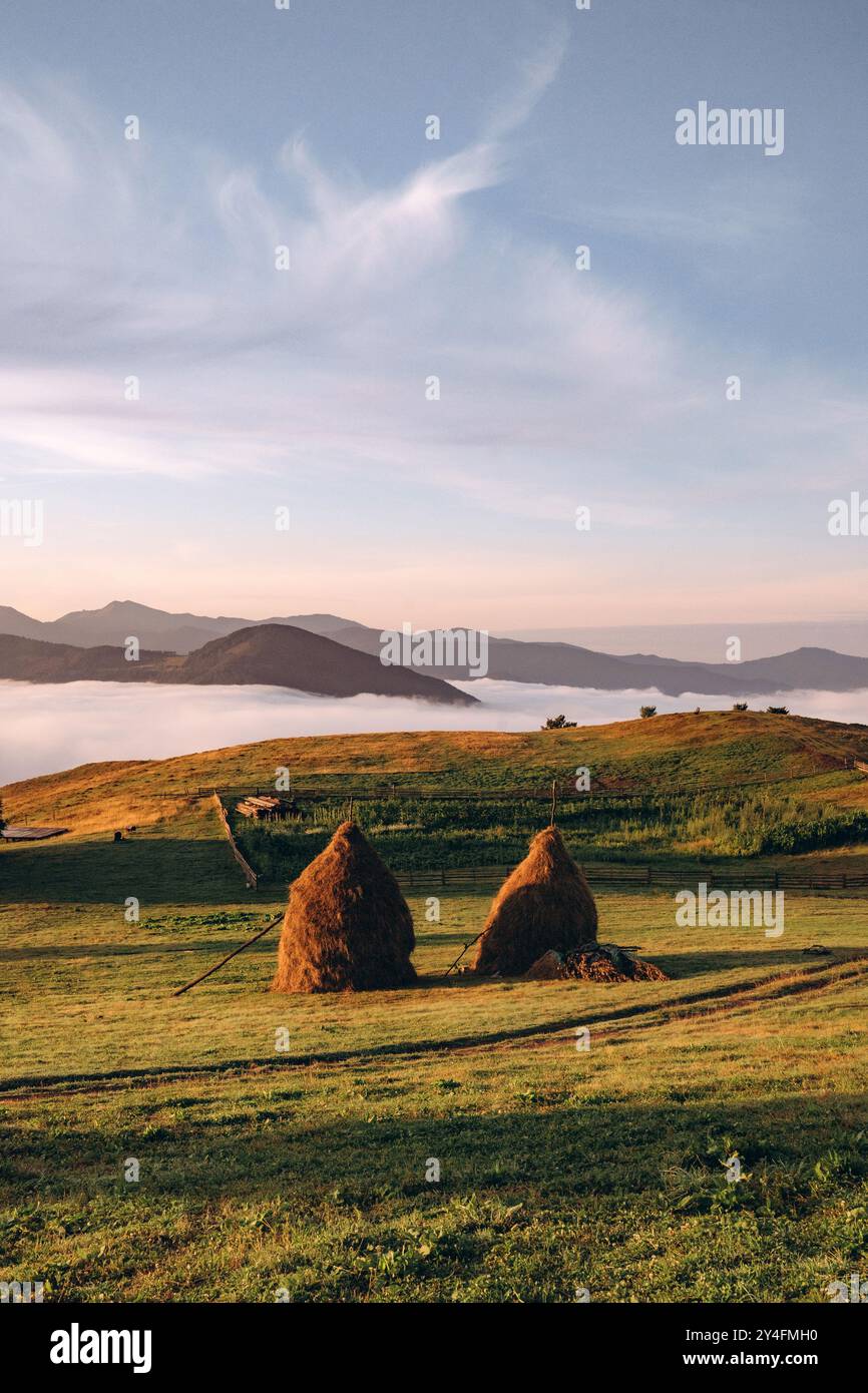 Golden Morning Light on Haystacks Stock Photo - Alamy