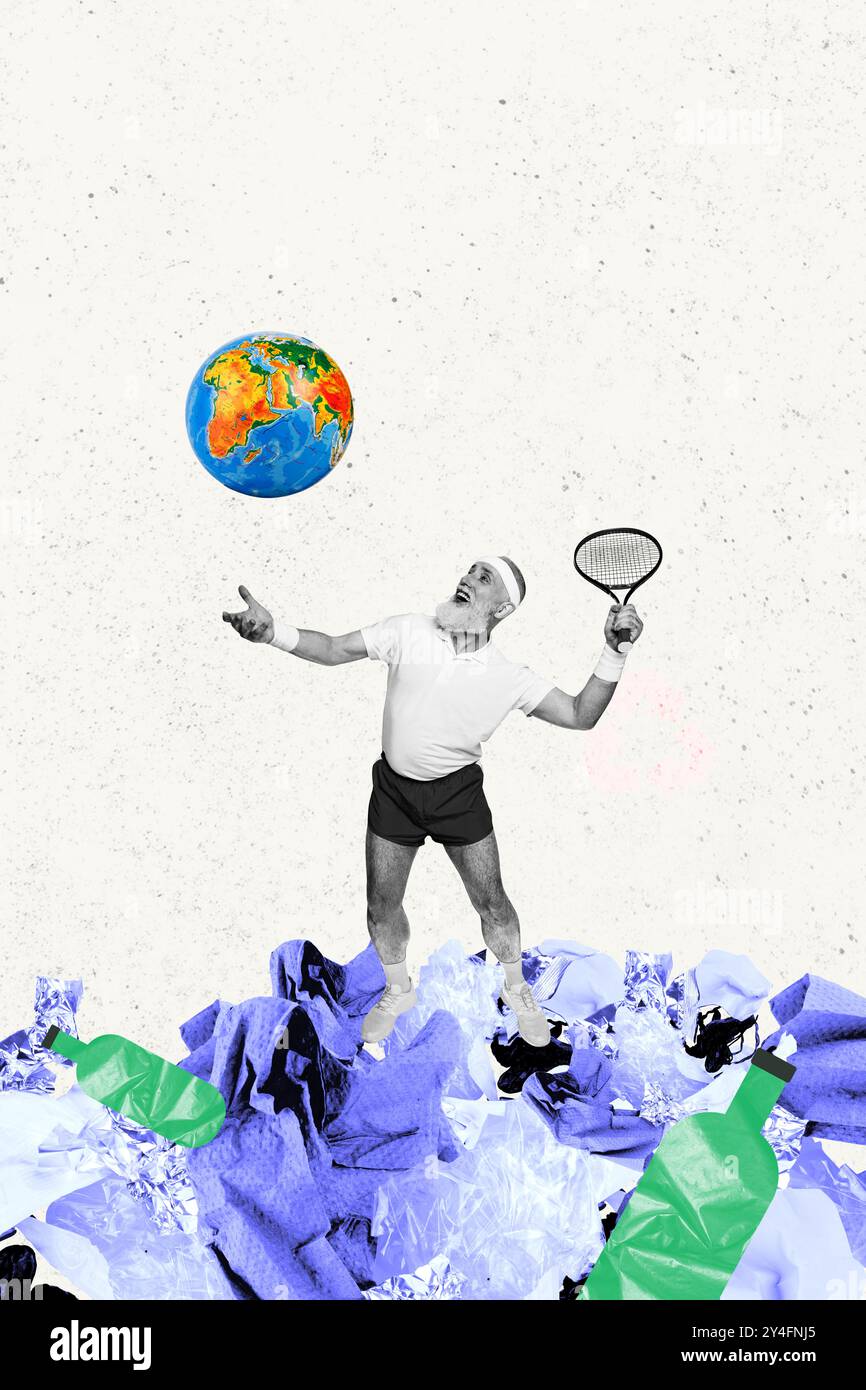 Vertical poster collage elder man tennis player sportsman hit racket ...