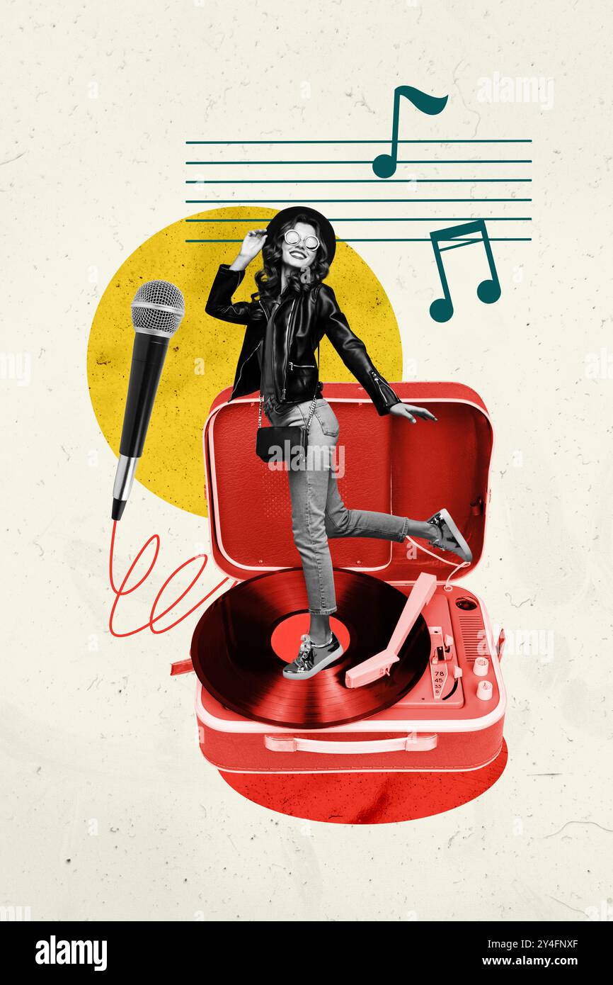 Vertical poster collage young cheerful woman vintage gramophone device ...