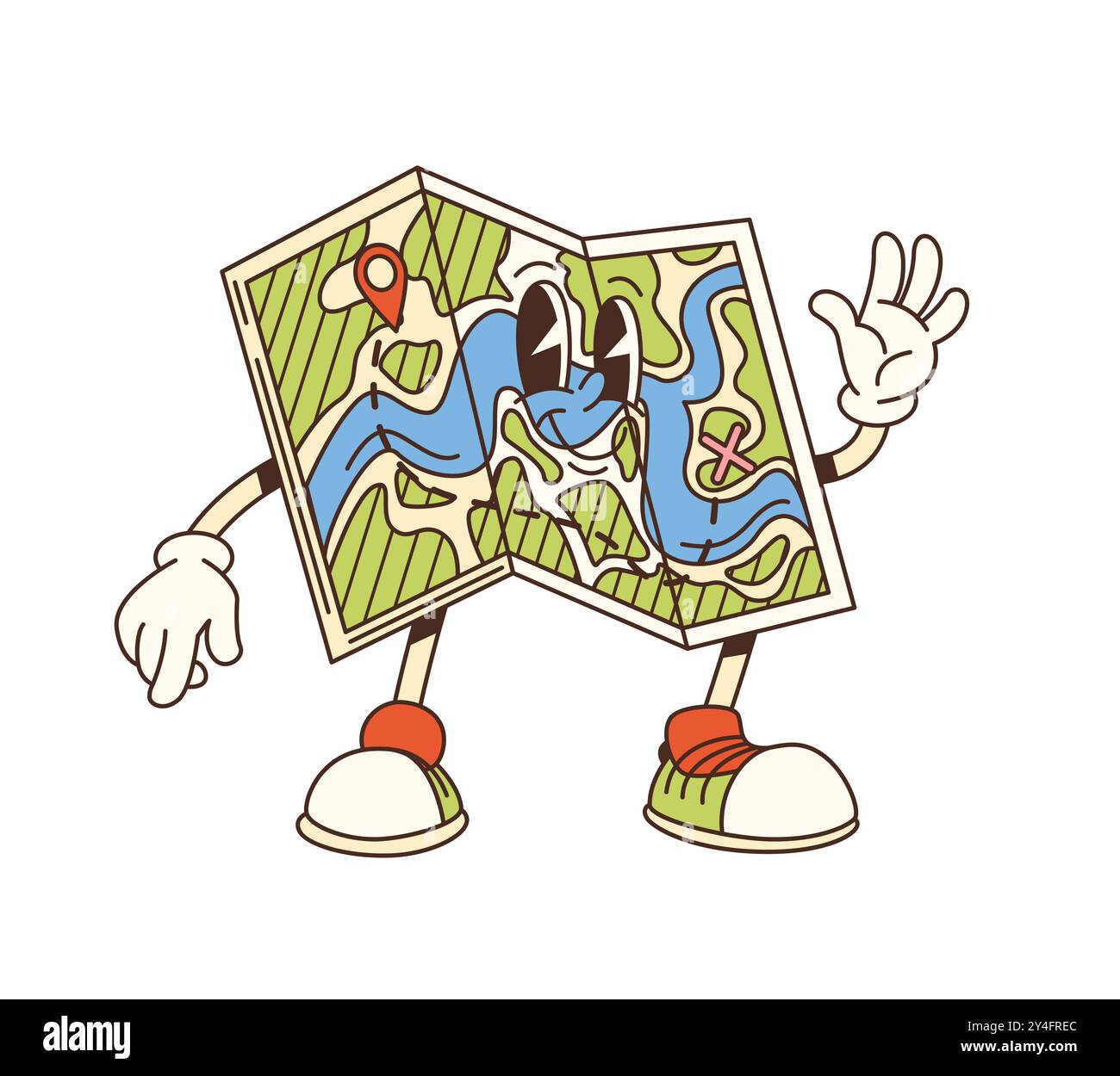 Cartoon groovy travel map character, camp and tourism equipment ...