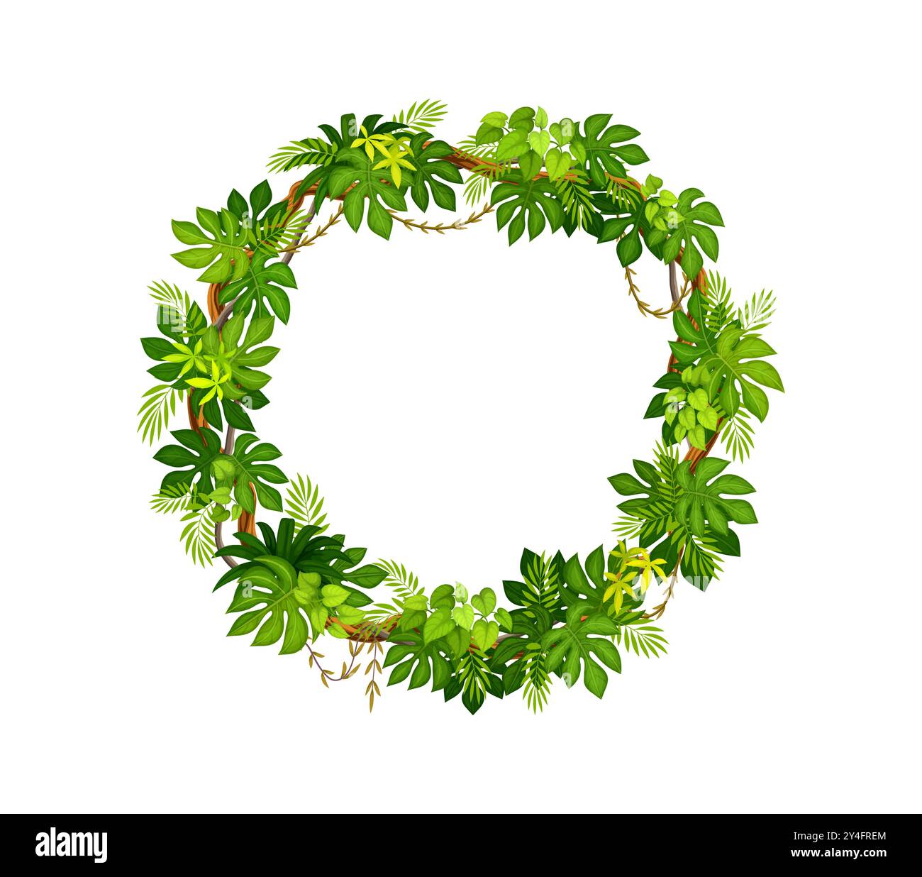 Tropical jungle round frame with forest liana branch and leaves ...
