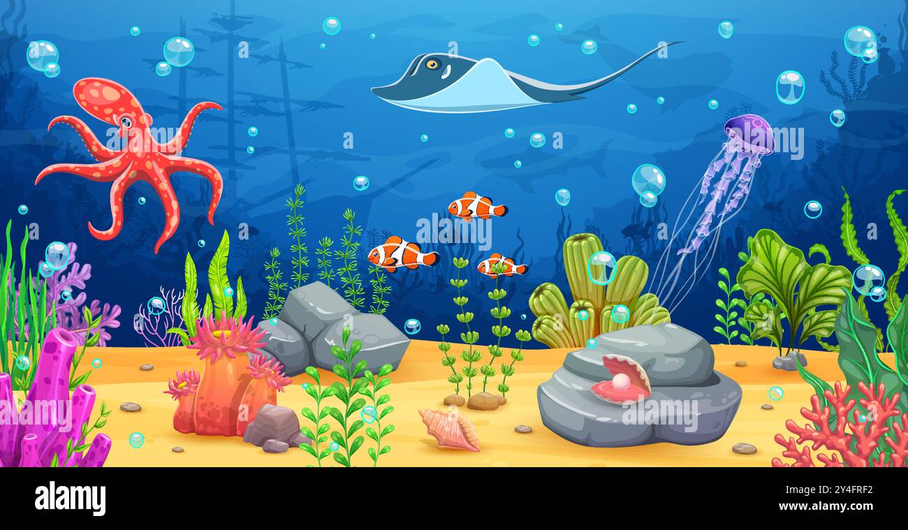 Underwater game landscape with sunken ship and sea animals such as ...