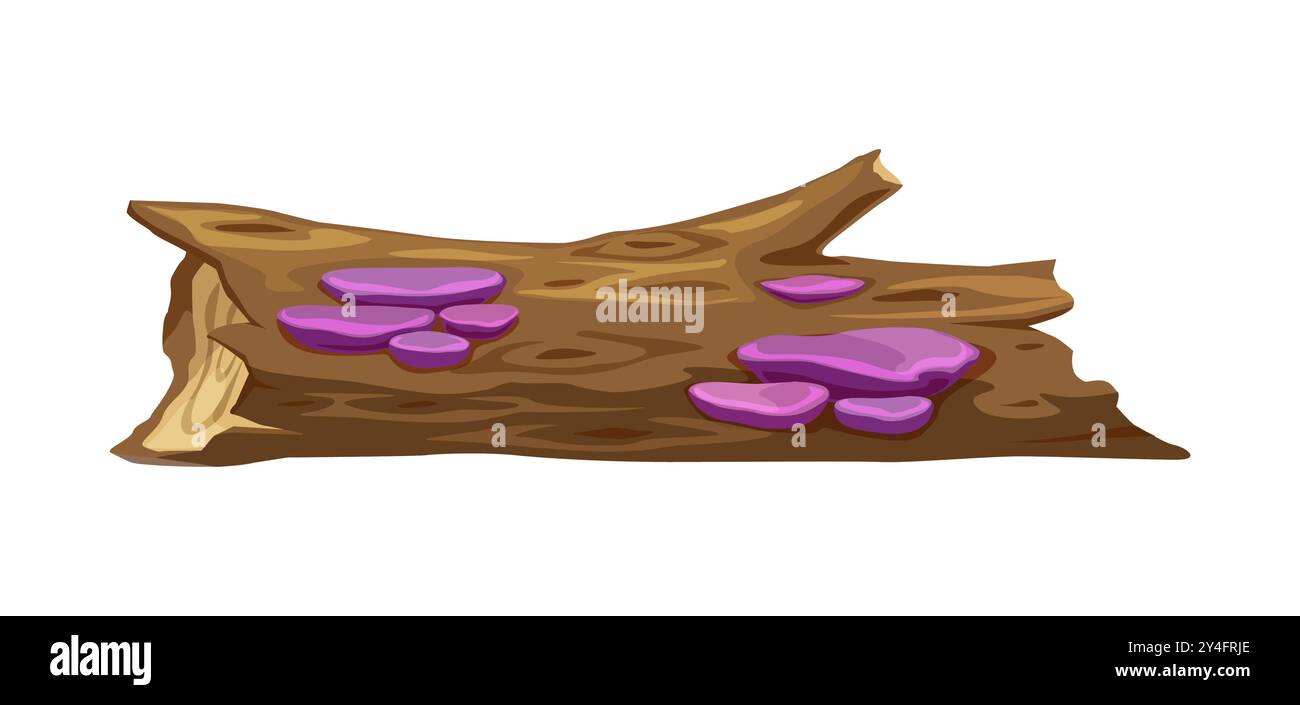Cartoon wooden log with purple fungi growing on it. Isolated vector ...