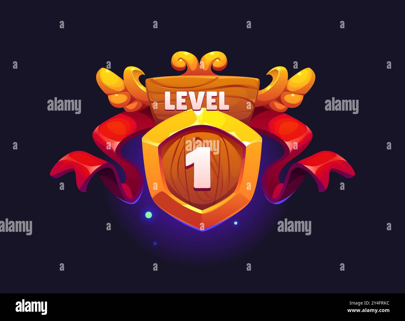 Game level up badge icon of victory rank shield for GUI interface popup, vector banner. 1 level ...