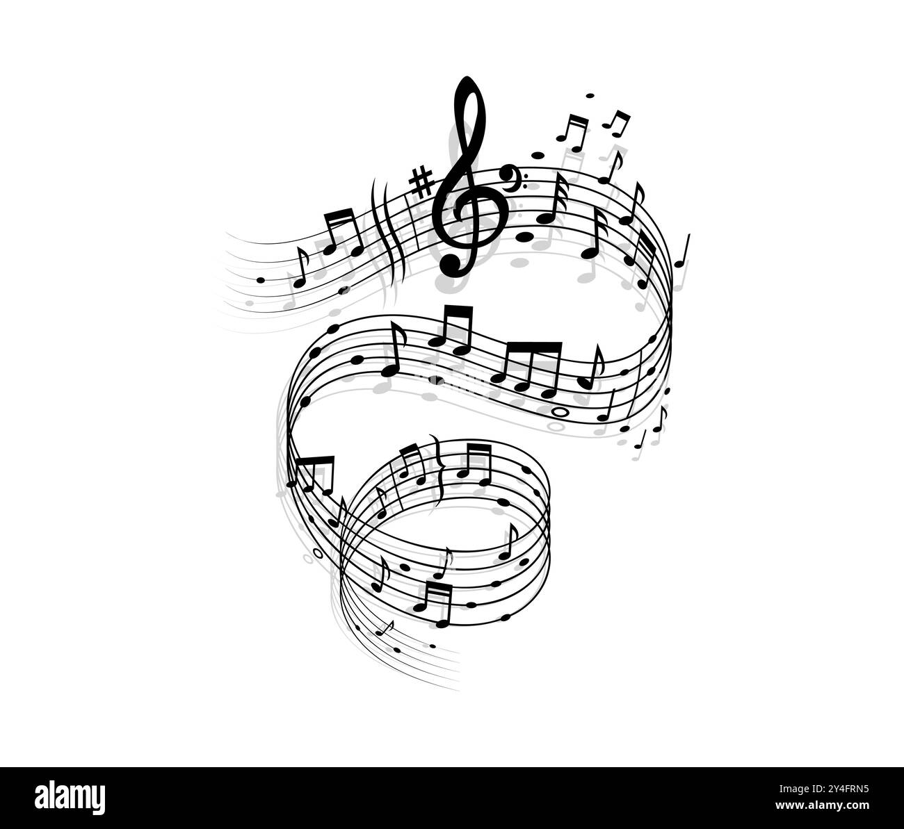 Song wave with music notes, sound swirl with treble clef and signs on ...