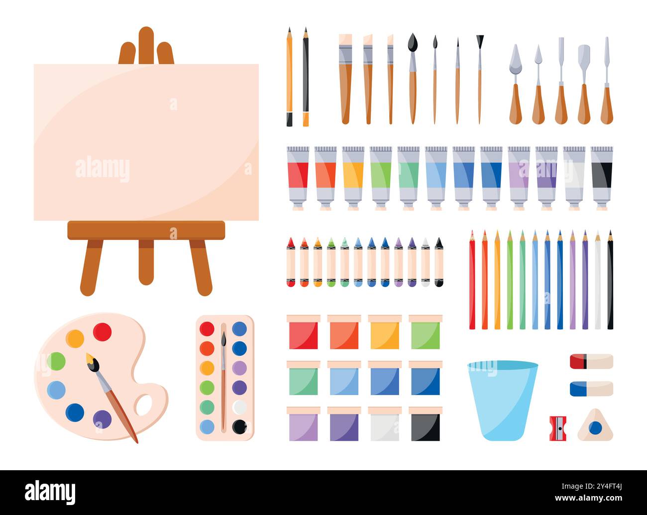 Painting art tools, painting supplies set. Paints, canvas, paint tubes ...