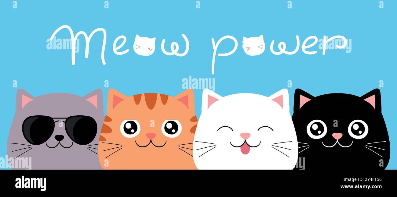 Set of cat heads with handwriting Meow power. Cats with different color ...