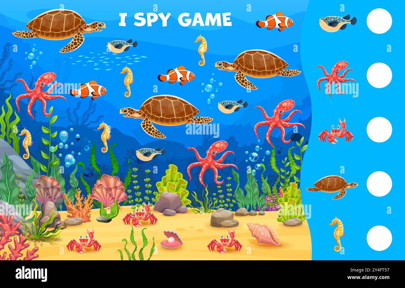 I spy kids game worksheet with sea underwater animals. Vector riddle ...