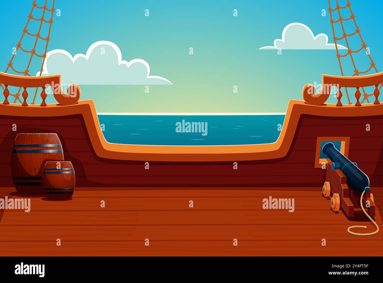 Pirate ship deck with wooden barrels and a cannon, set against a serene ...