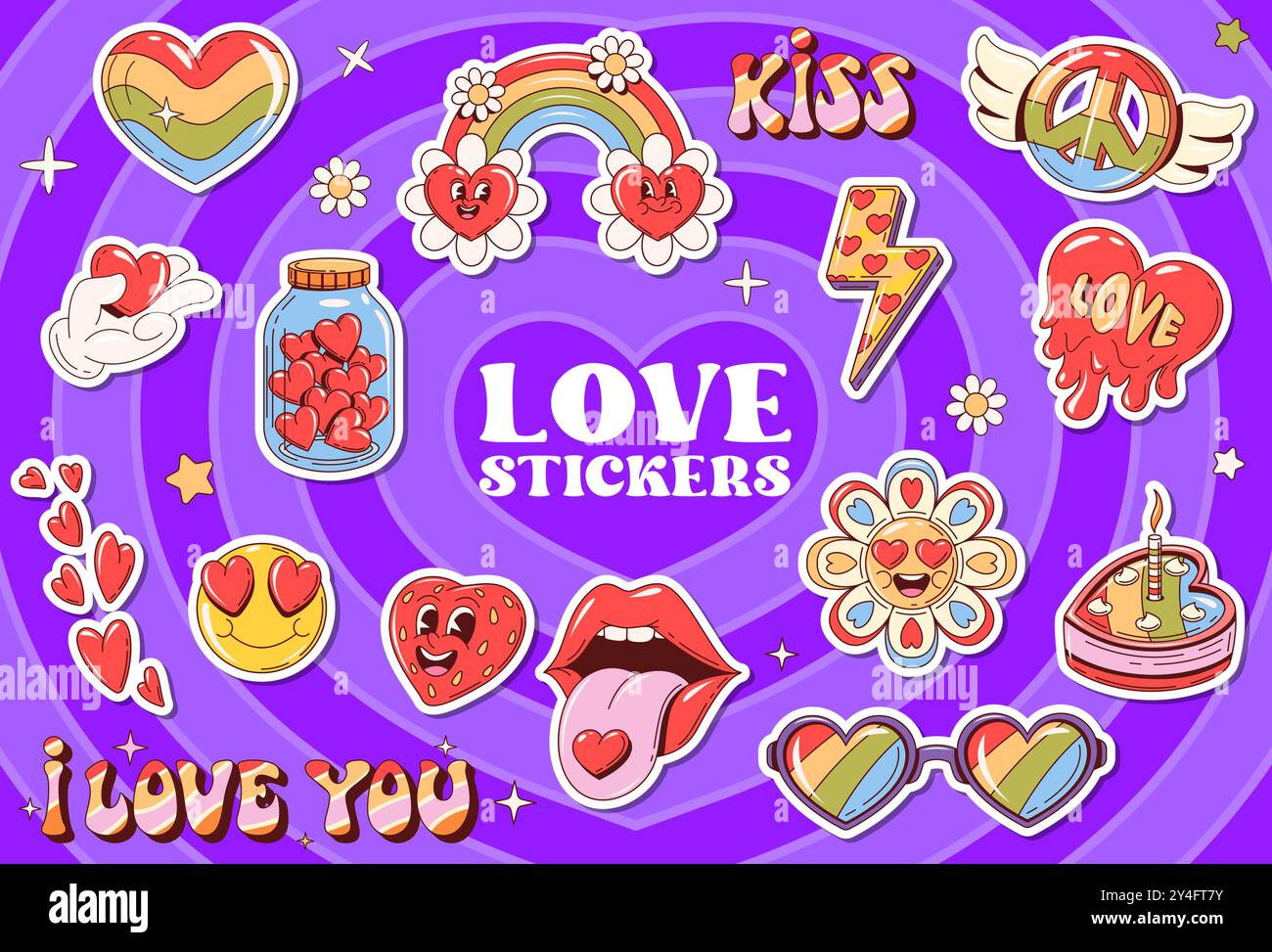 Retro y2k groovy love stickers pack. Vibrant hearts in glass jar, peace ...