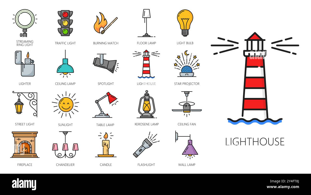 Lights and lamps color line icons of lantern and light bulb, lighthouse ...