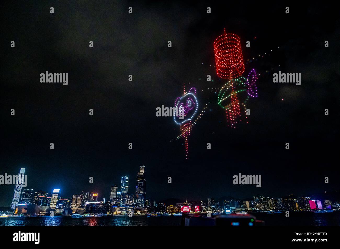 A group of drones form in the shapes of lanterns as seen from the ...