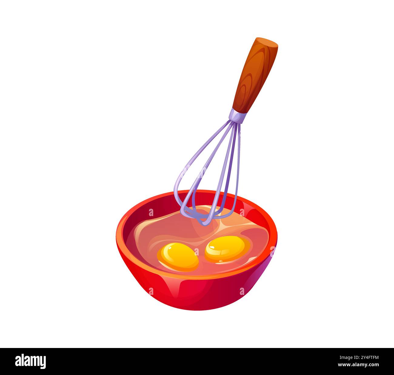 Whisk inside a red bowl containing two cracked eggs, ready to be mixed. Isolated cartoon vector ...