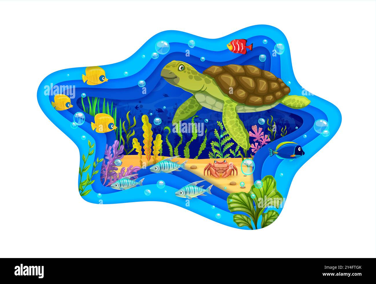 Paper cut underwater landscape with turtle surrounded by vibrant fish ...