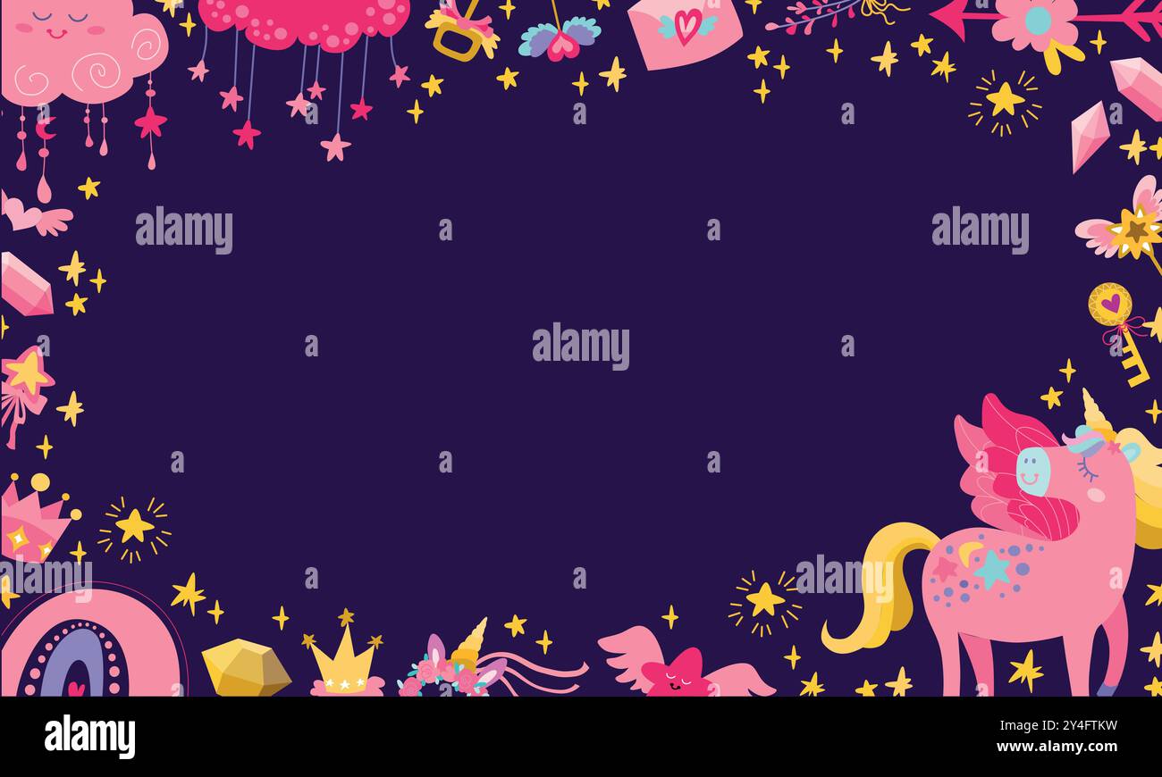 Childrens Magic frame. Unicorn magical border design for memo, sticky ...