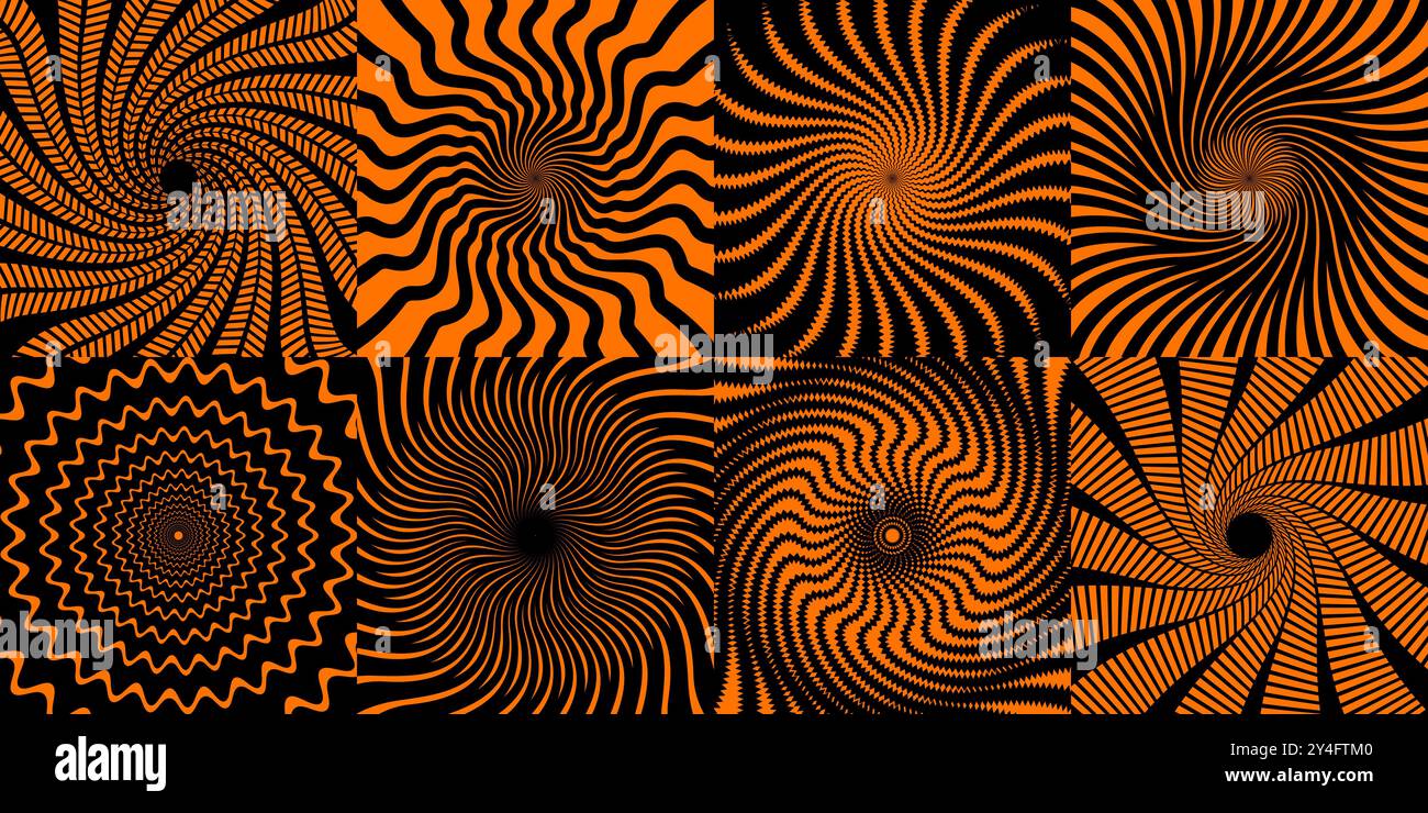Psychedelic hypnotic Halloween spiral patterns of black orange wavy ...