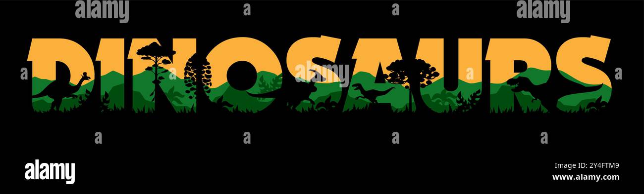 Dinosaurs jungle forest sunset silhouette. Vector bold letters filled ...