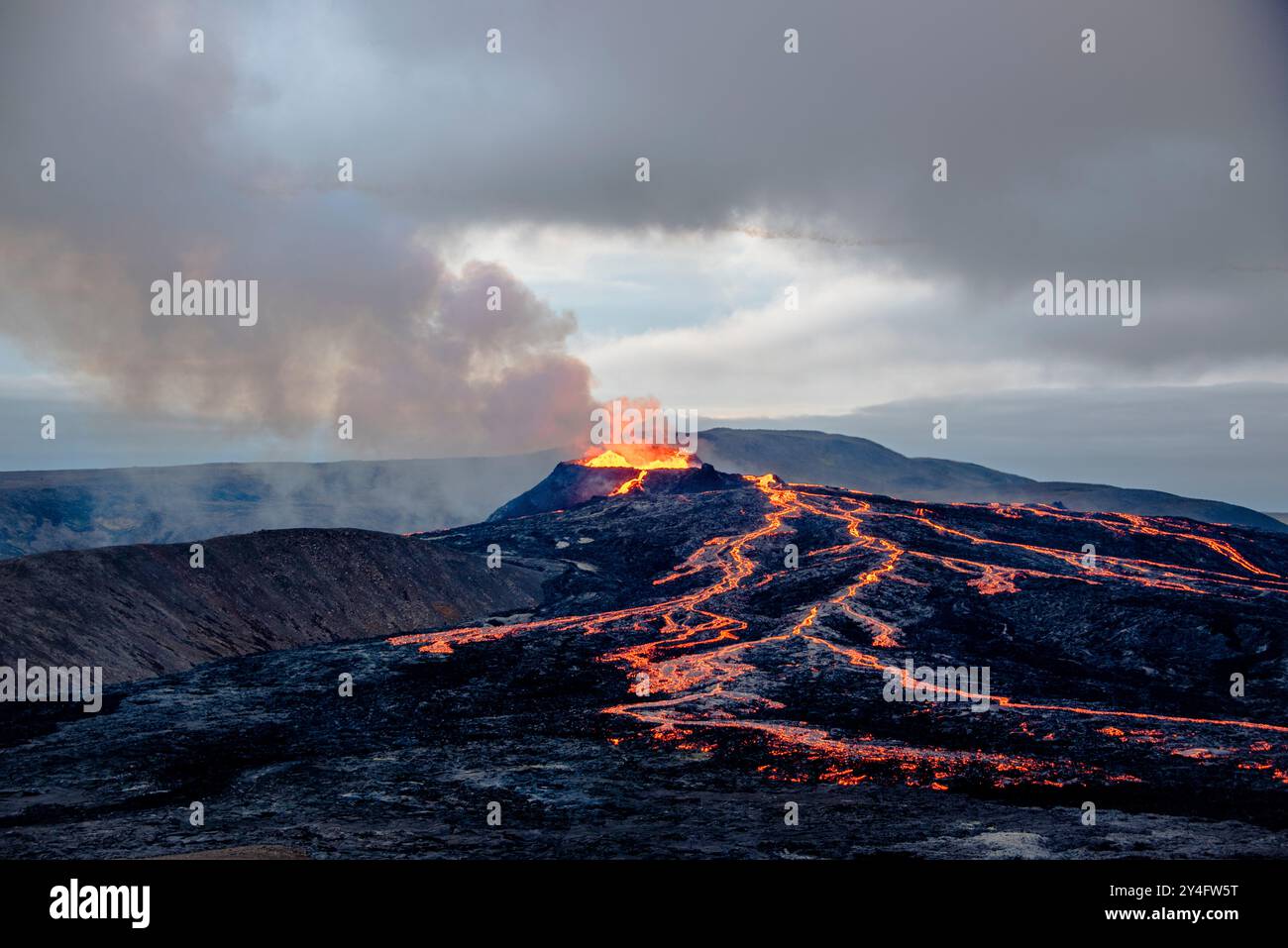 Fagradalsfjall volcano in activity in 2021 about 40 kilometers from ...