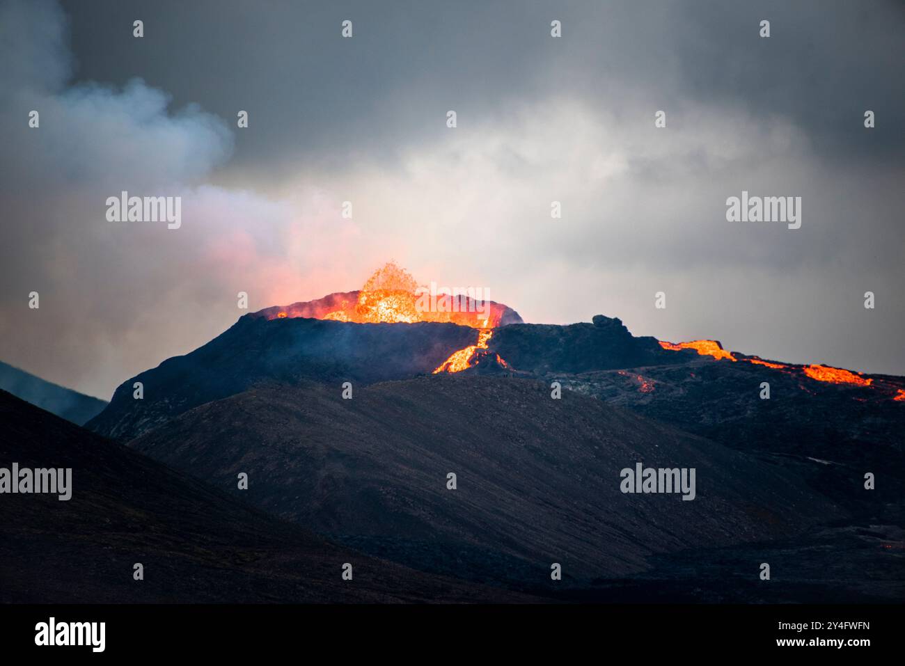 Fagradalsfjall volcano in activity in 2021 about 40 kilometers from ...