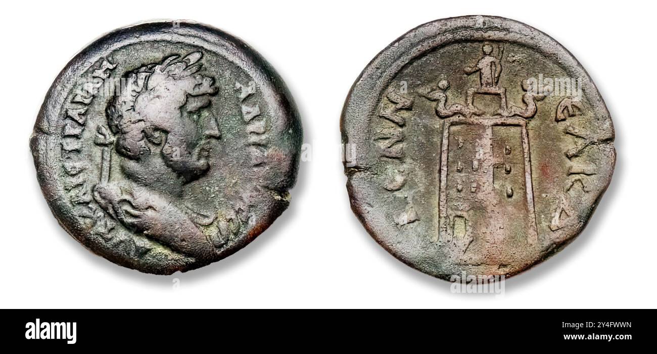 7364. Coins depicting Hadrian and the Pharos lighthouse of Alexandria ...
