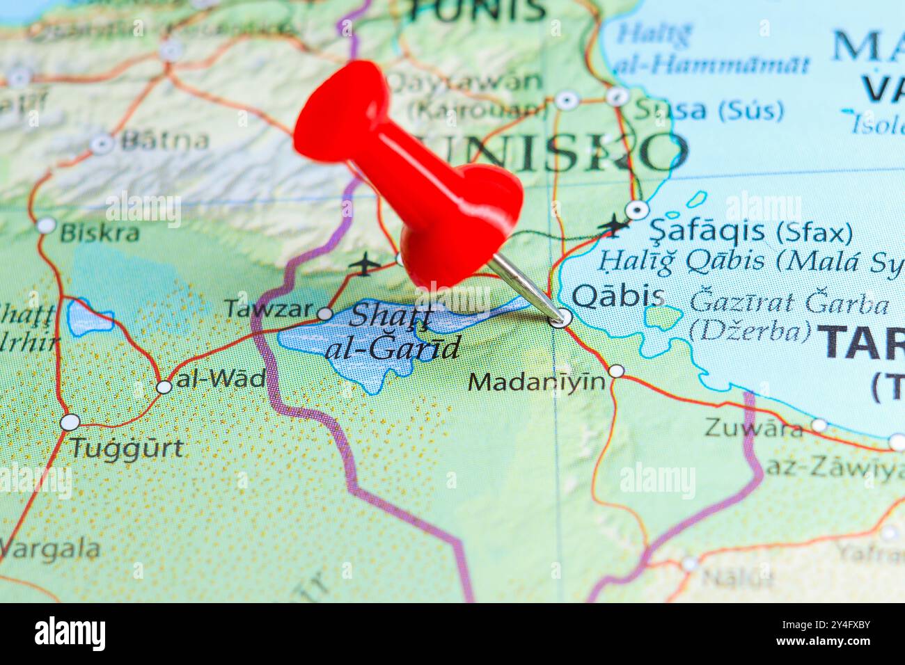 Qabis, Tunis pin on map Stock Photo - Alamy