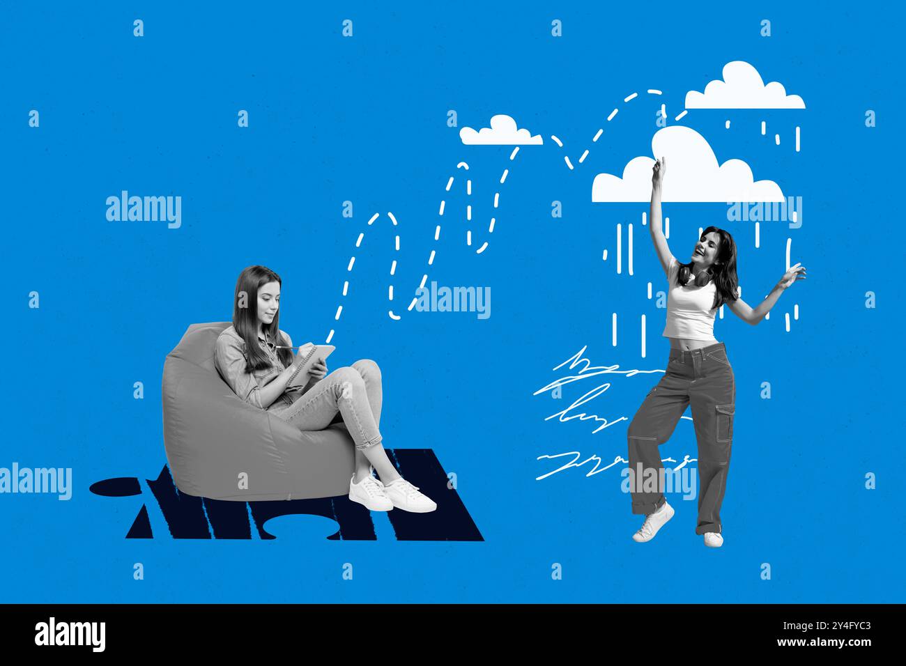 Creative collage image young carefree woman dance party disco rejoice ...