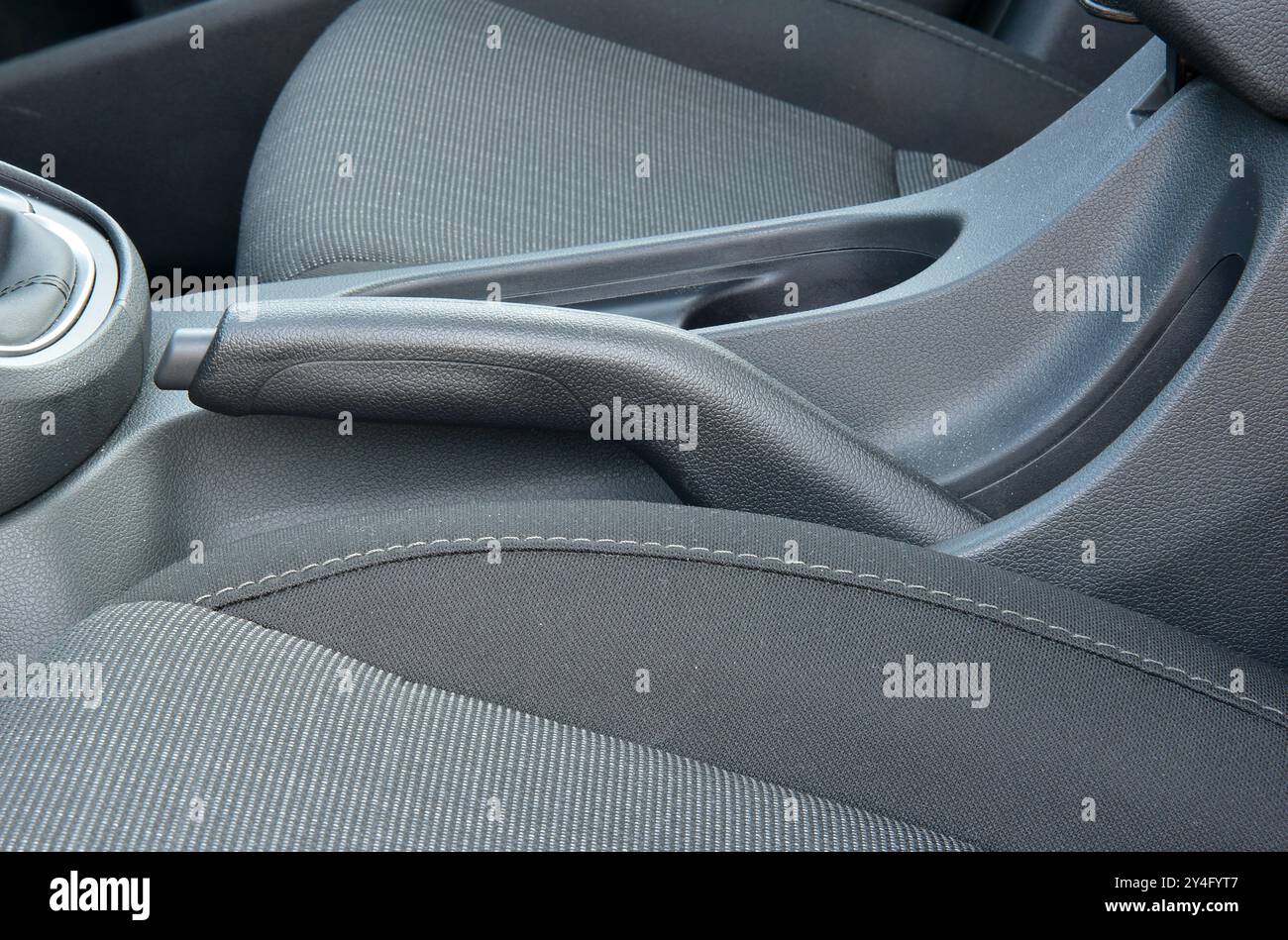 Manual brake in interior of modern car. Car parking brake Stock Photo ...
