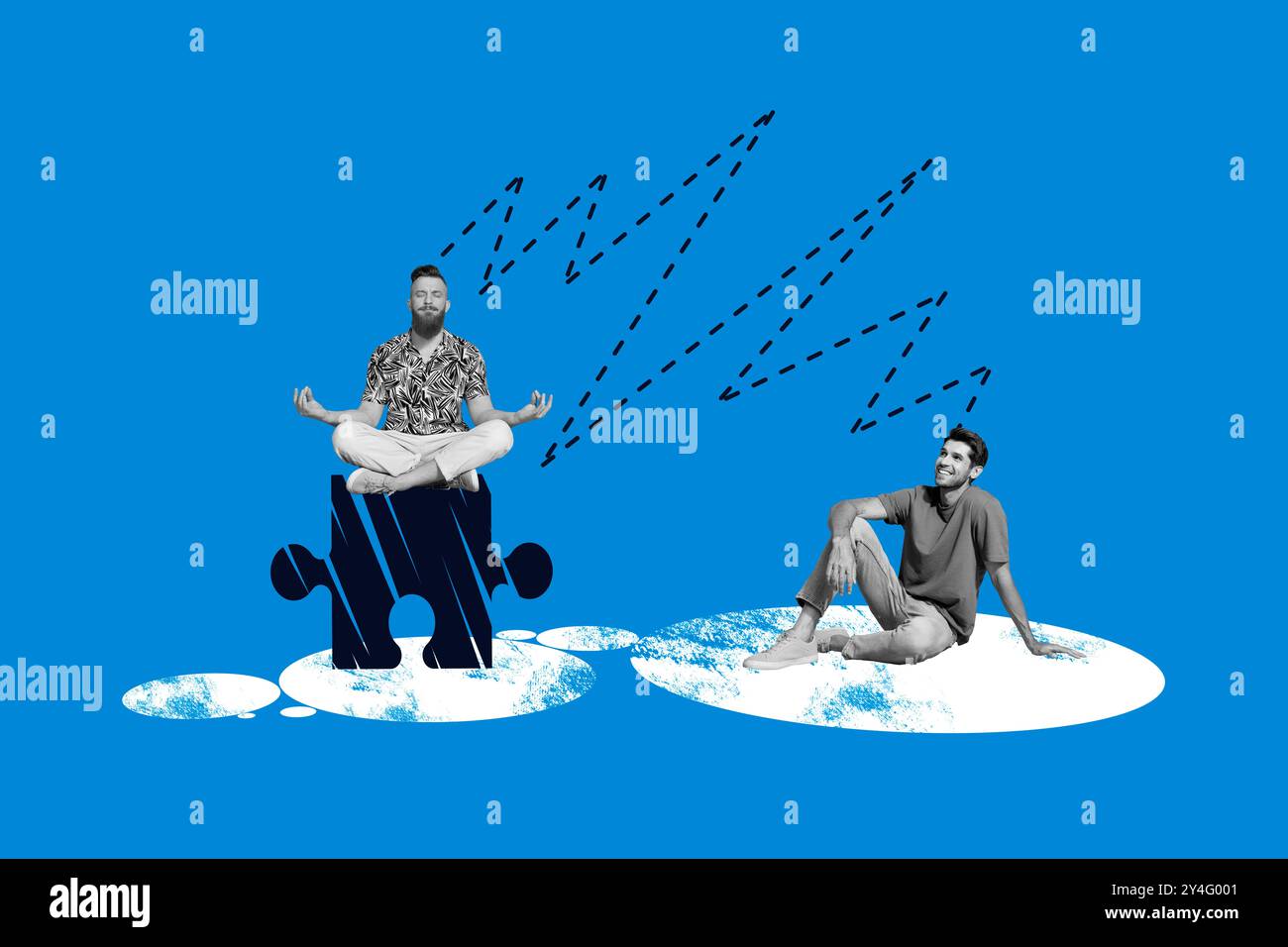 Creative collage picture young man meditate self control puzzle game ...