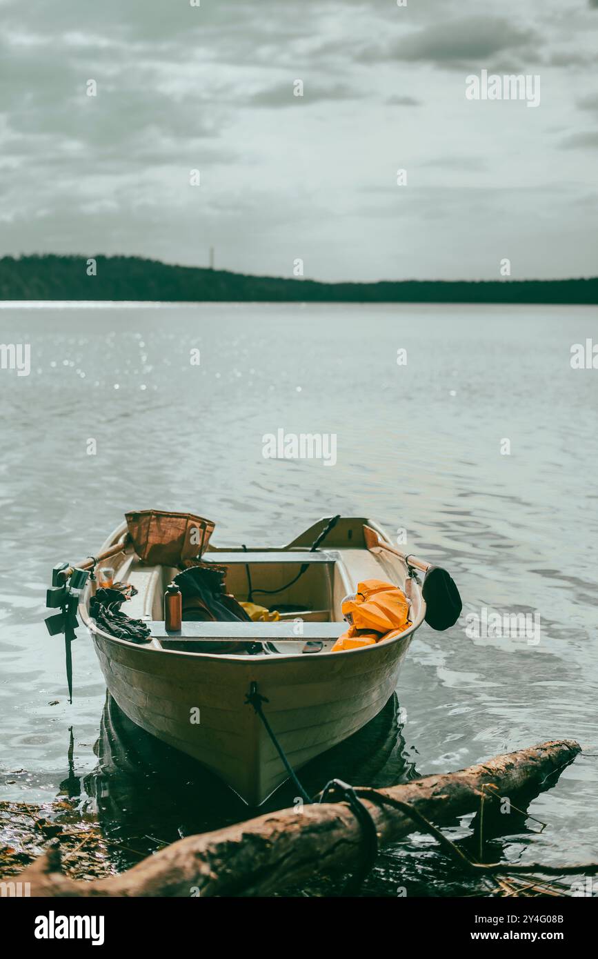 A rowing boat moored to a dead tree sticking out into the water, a ...