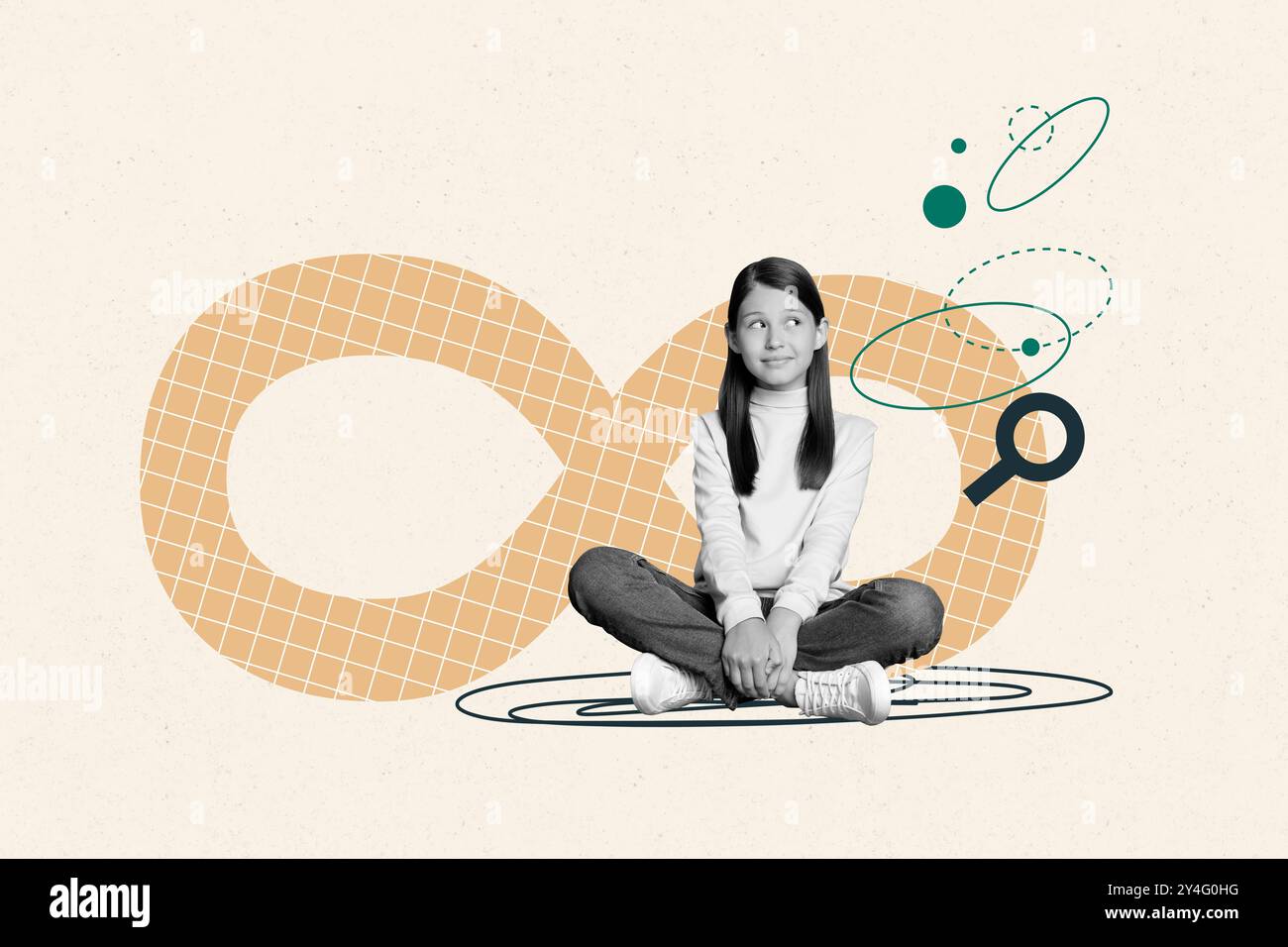 Creative collage picture young girl kid sitting checkered background magnifying loop enlarger ...