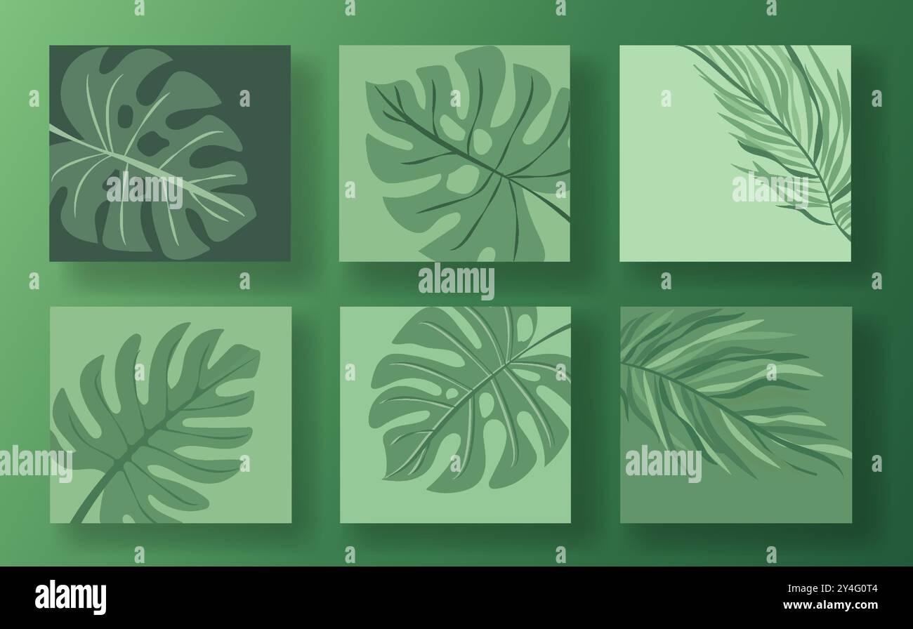 Set of six green leaf social media post templates on a light green ...
