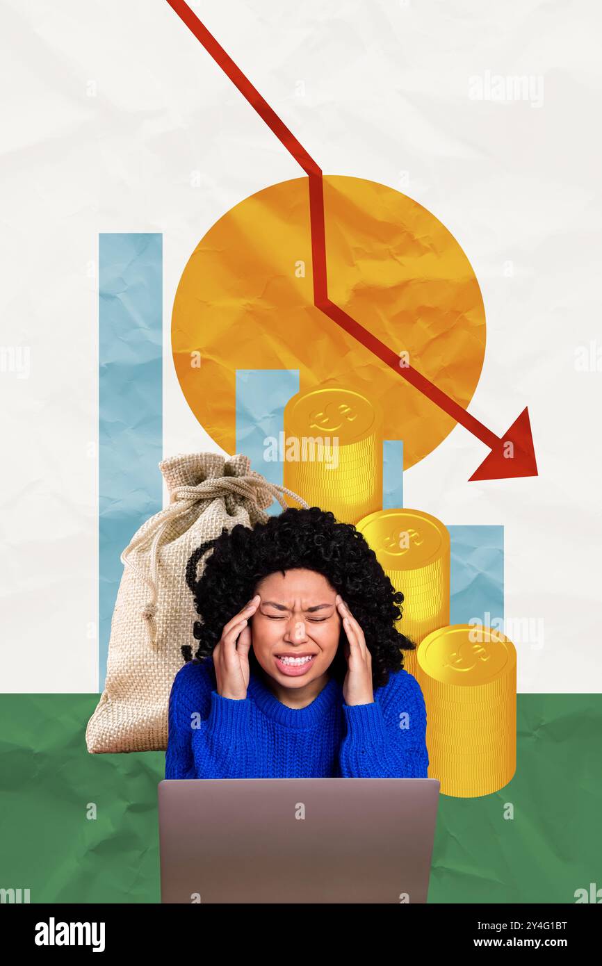 Vertical photo collage of sad american girl sit laptop coin arrow ...