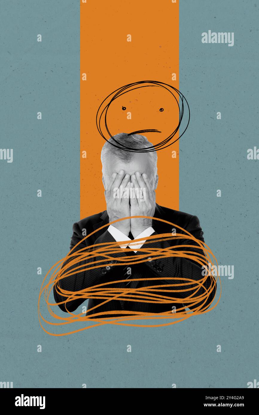 Vertical photo collage of upset man cry close face hands sad emoji ...