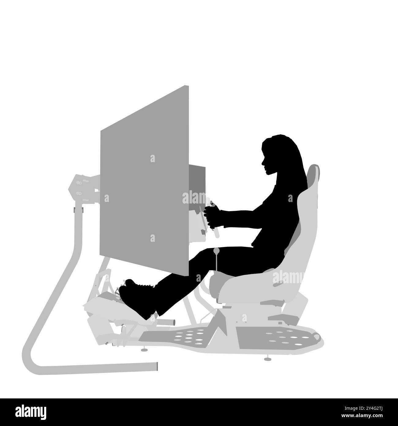 Silhouette of a girl sitting at a realistic gaming simulator with a ...