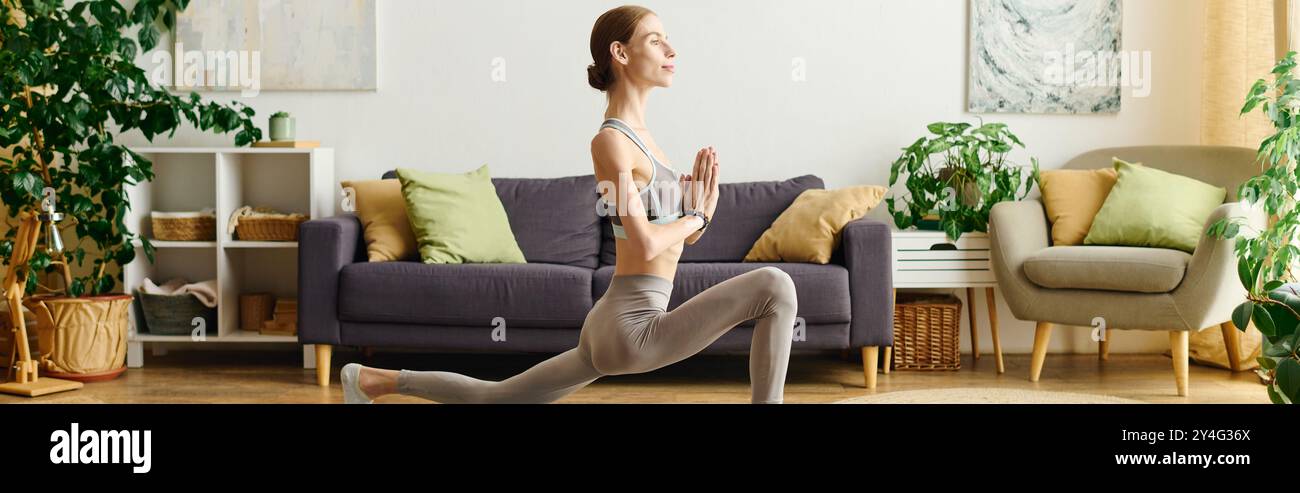 In a cozy living room, a young woman with anorexia showcases her ...