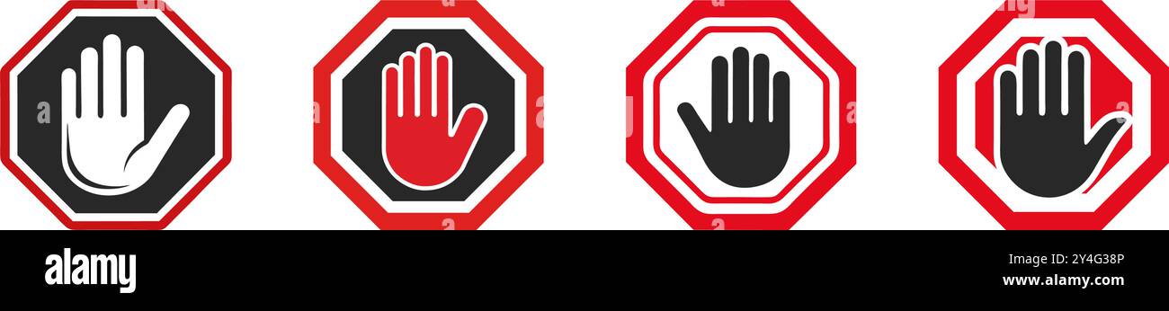 Stop hand icons set. Stop or ban red round sign with hand icon. Vector ...