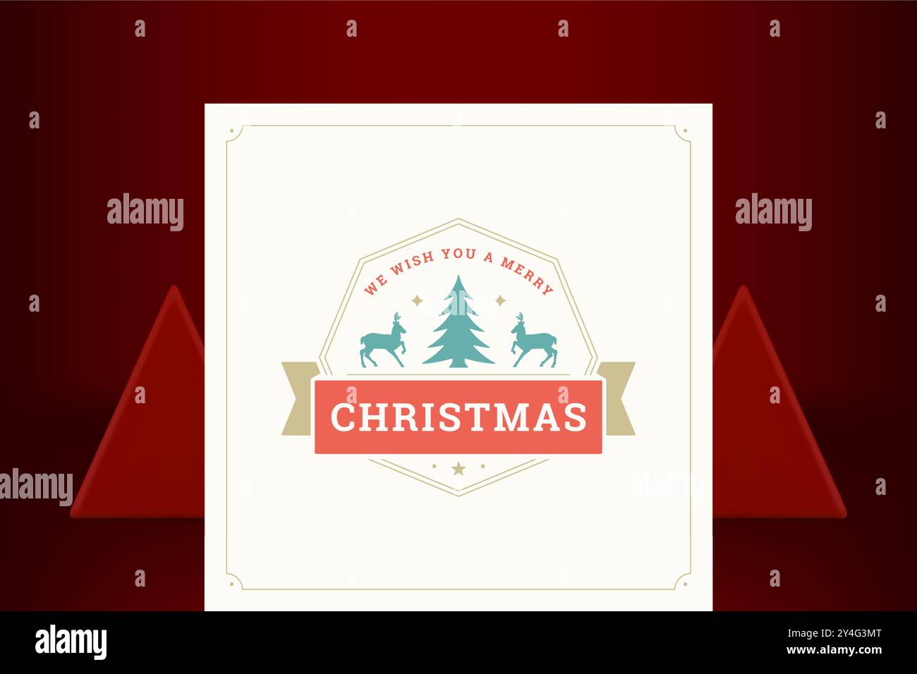 Merry Christmas classic greeting card vintage ribbon spruce and horned ...