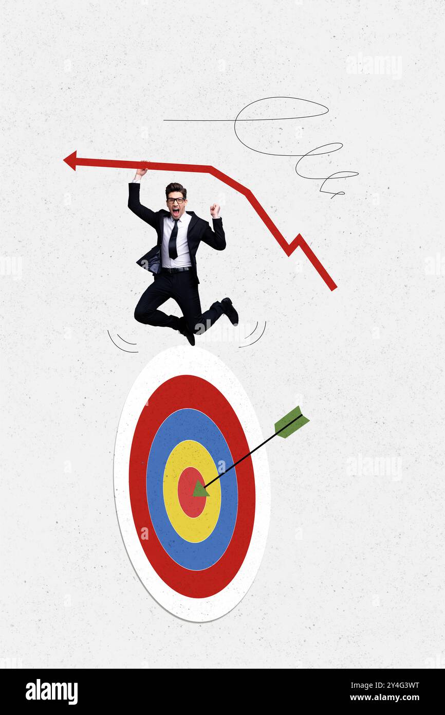 Vertical photo collage of happy businessman jump target arrow ...