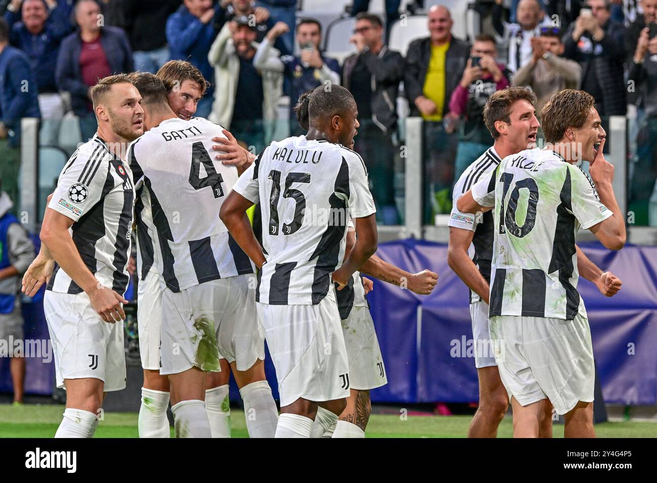 Turin, Italy. 17th Sep, 2024. Kenan Yildiz (10) of Juventus scores for ...