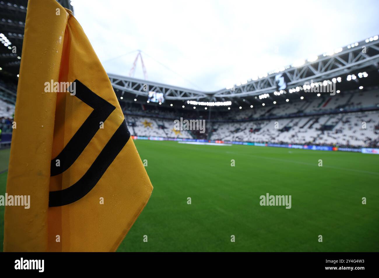 Torino, Italy. 17th Sep, 2024. A corner flag with the Juventus Fc logo ...