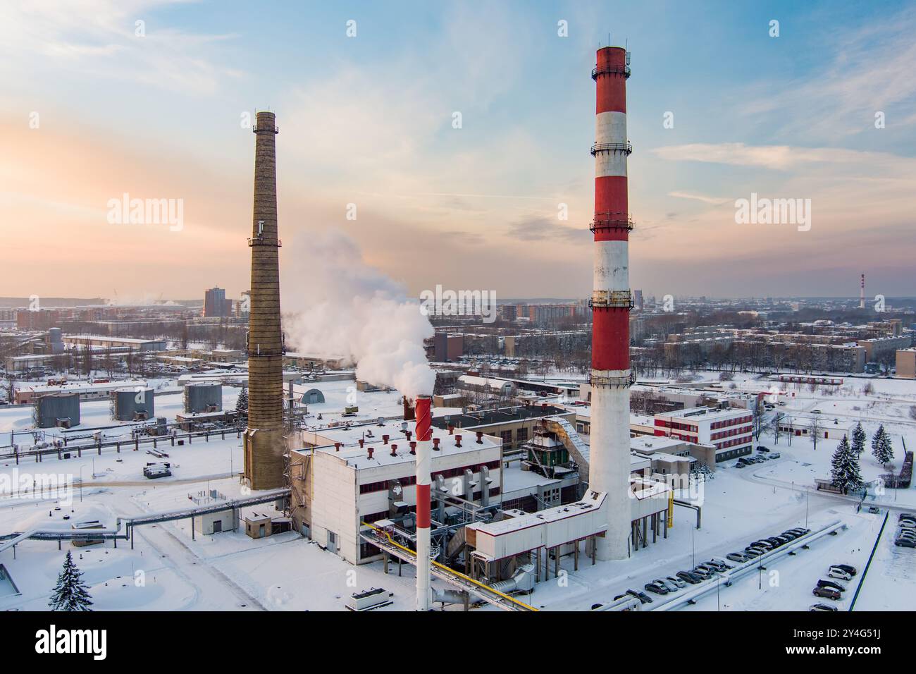 Aerial view of biofuel boiler-house plant facilities with steaming ...