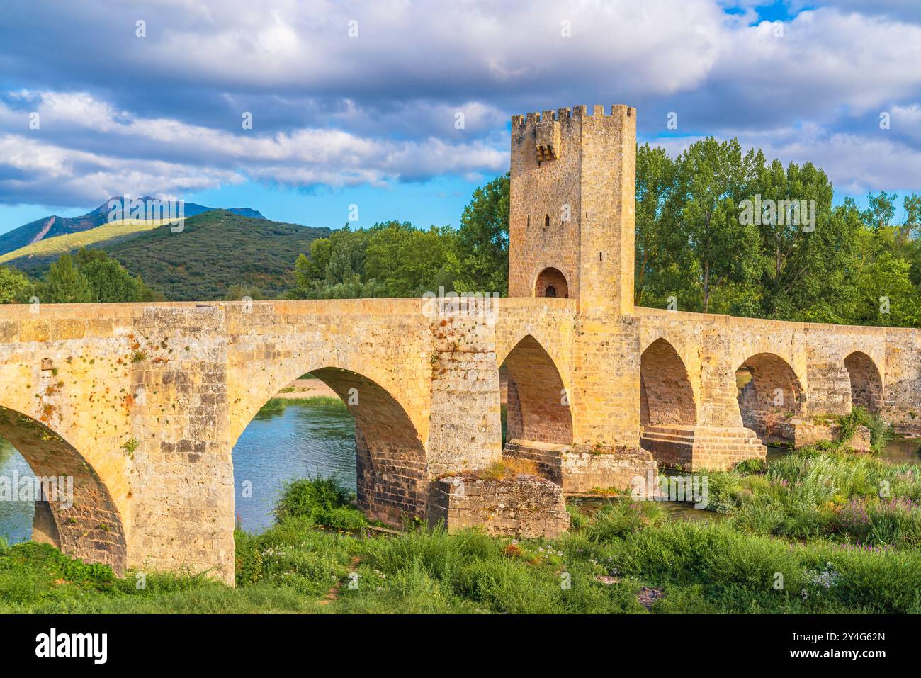 View of the medieval bridge in the historic village of Frías, Spain ...