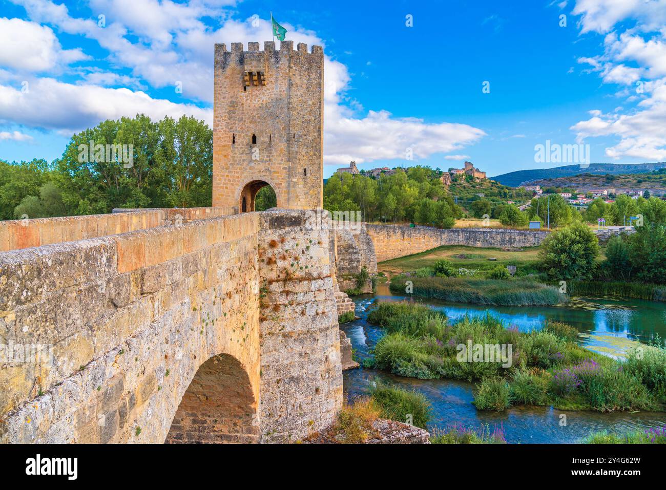 View of the medieval bridge in the historic village of Frías, Spain ...