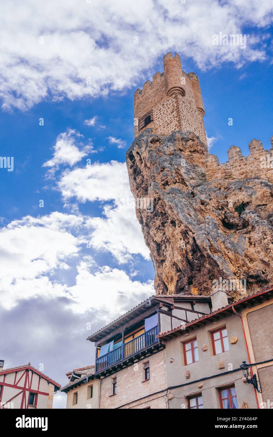 Frías, Spain. August 14, 2024. Awe view of a defence tower hanging up ...