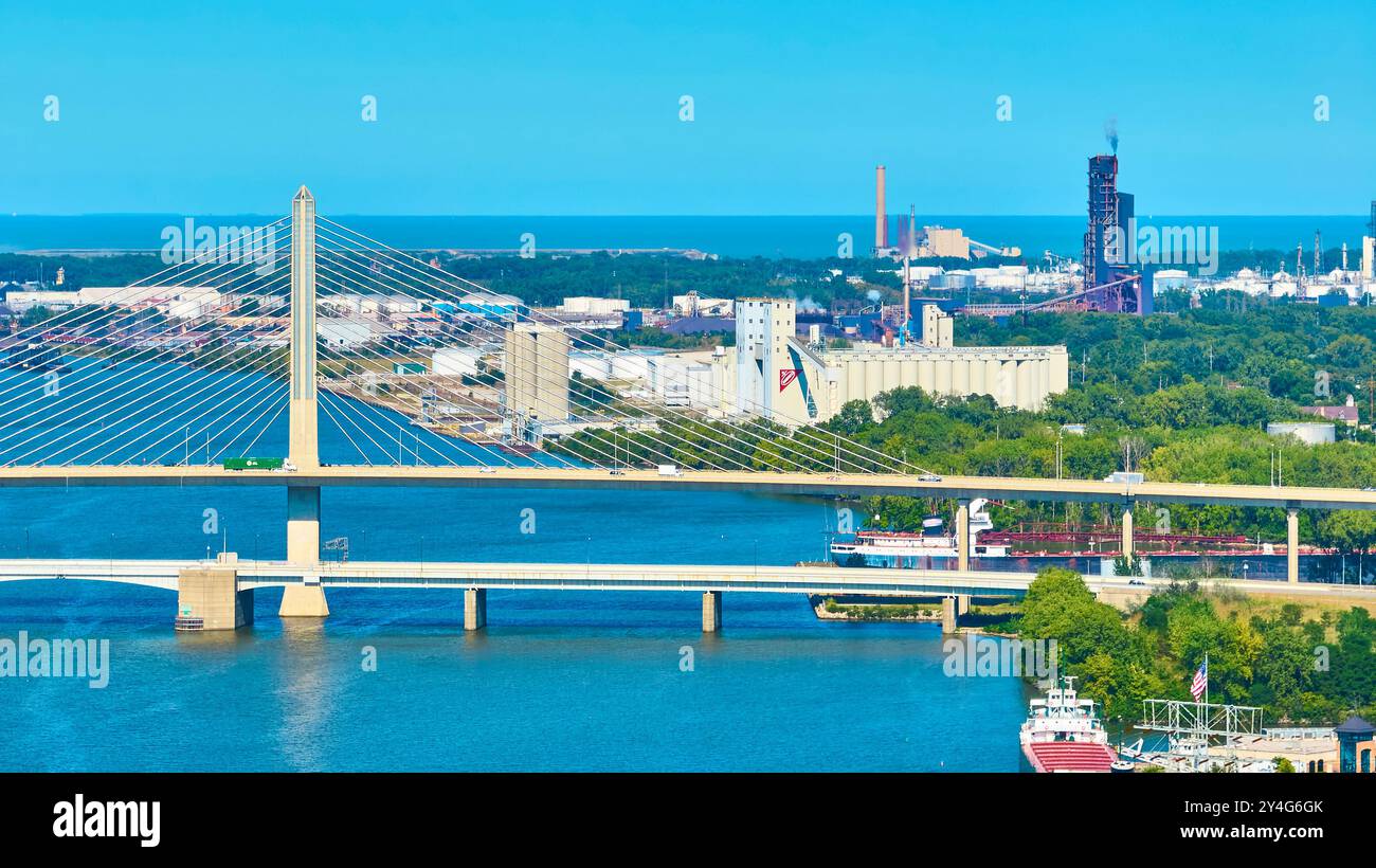 Aerial Zoom of Veterans Glass City Skyway Bridge over Maumee River ...